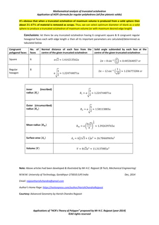 Mathematical analysis of truncated octahedron (Applications of HCR's ...