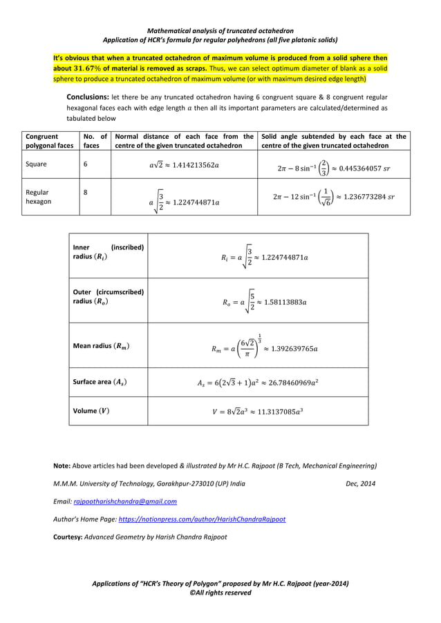 Mathematical analysis of truncated octahedron (Applications of HCR's ...
