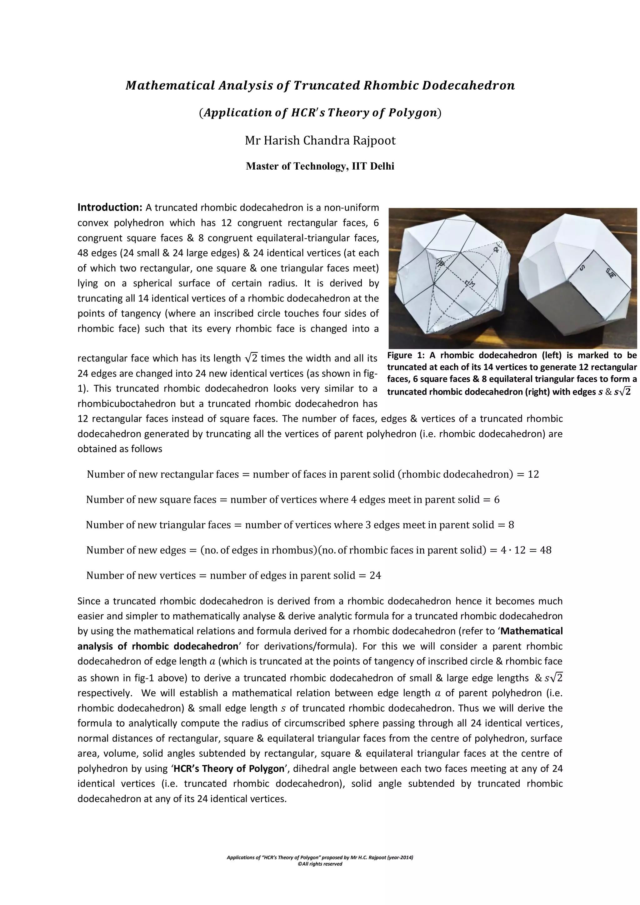 Mathematical analysis of truncated rhombic dodecahedron (HCR's Polyhedron) | PDF