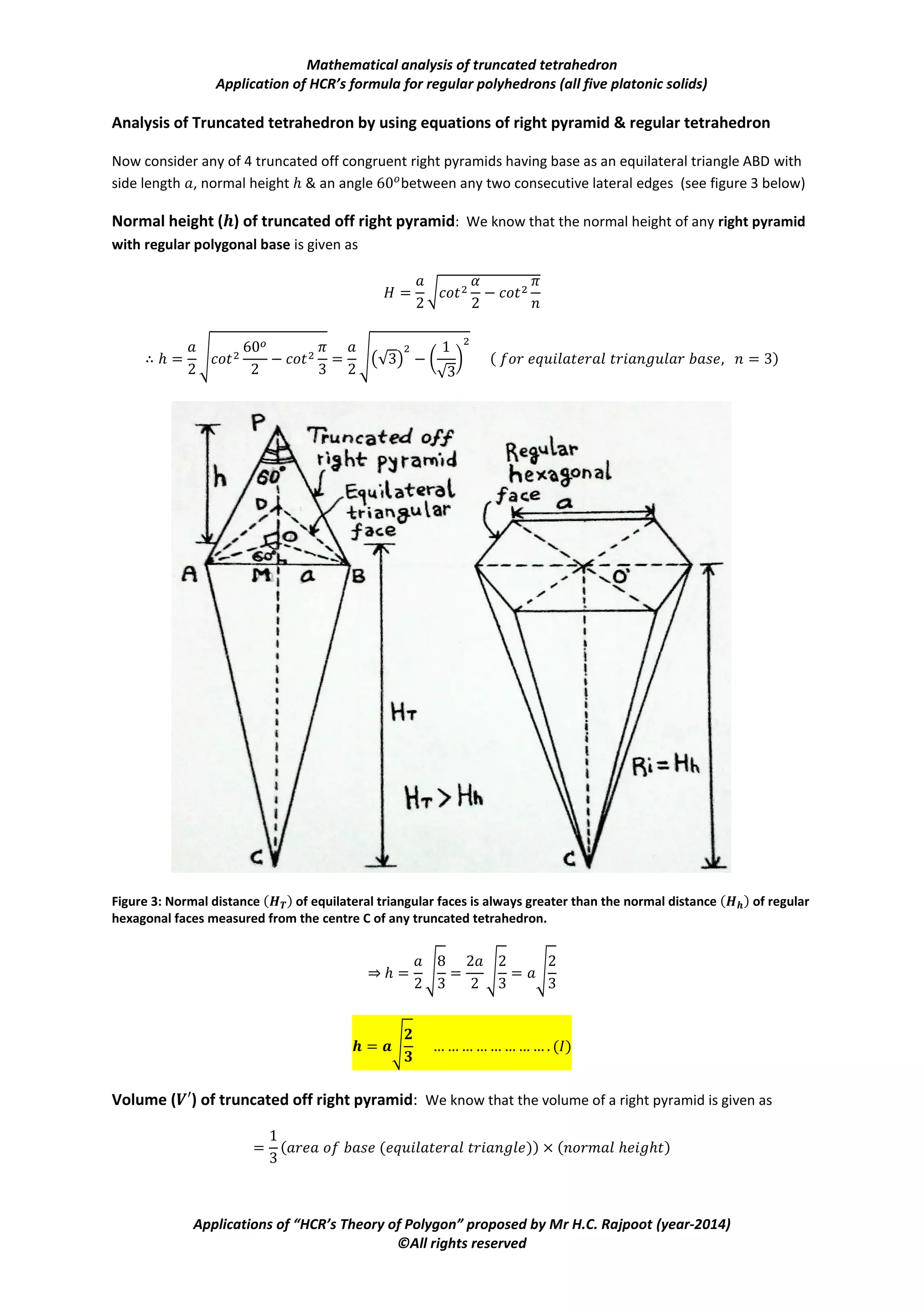 Mathematical analysis of truncated tetrahedron (Application of HCR's ...