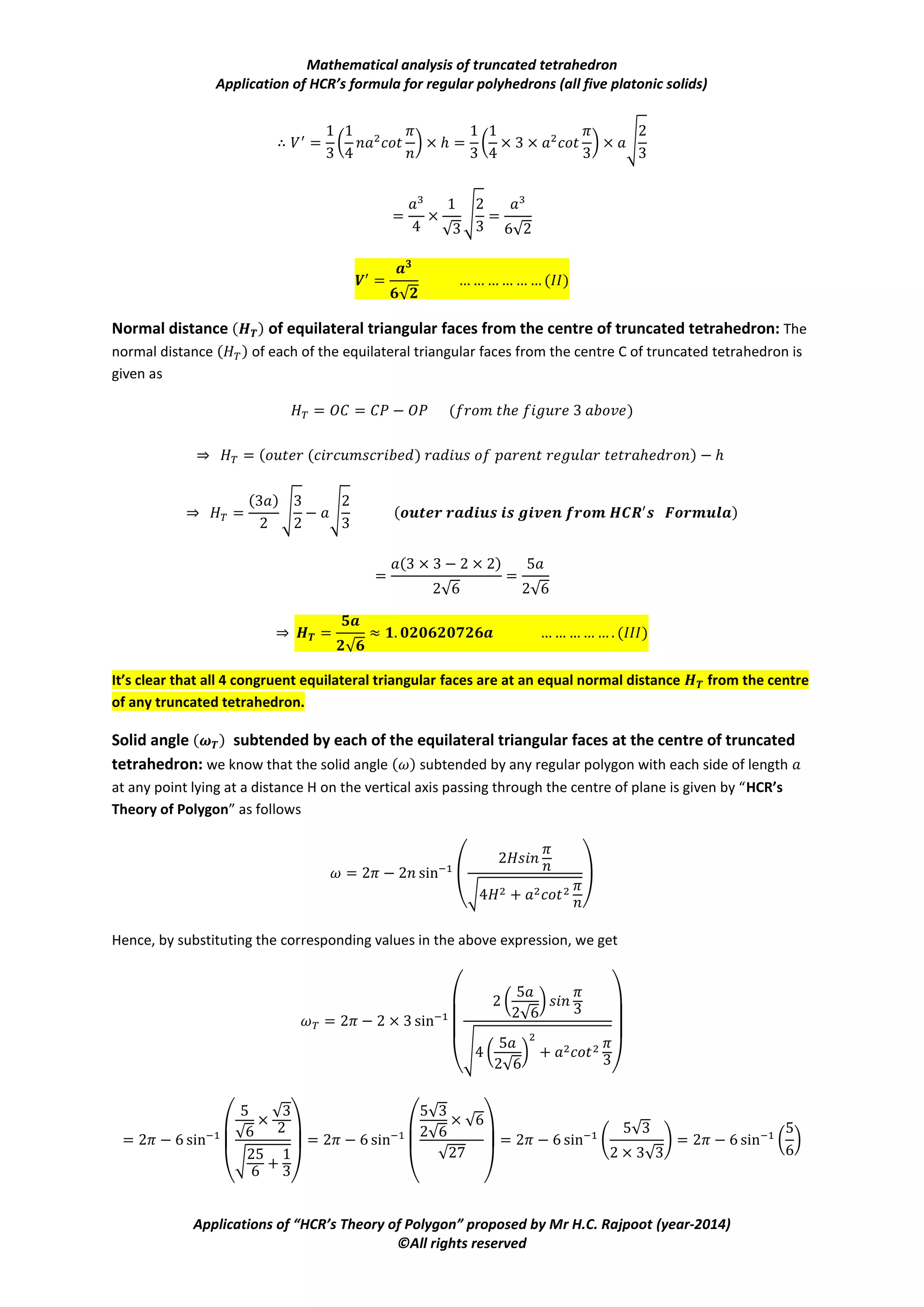 Mathematical analysis of truncated tetrahedron (Application of HCR's ...