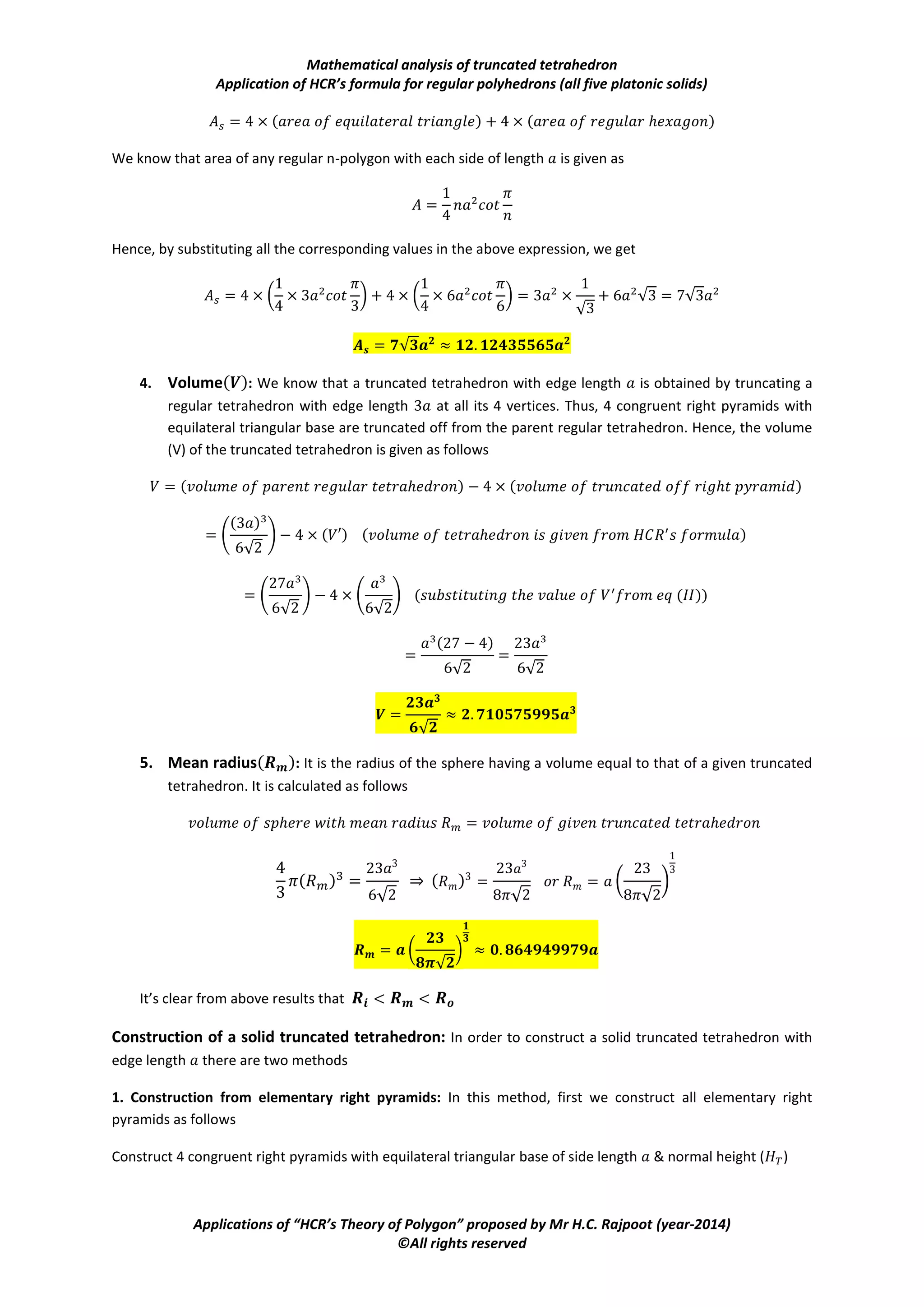 Mathematical analysis of truncated tetrahedron (Application of HCR's ...