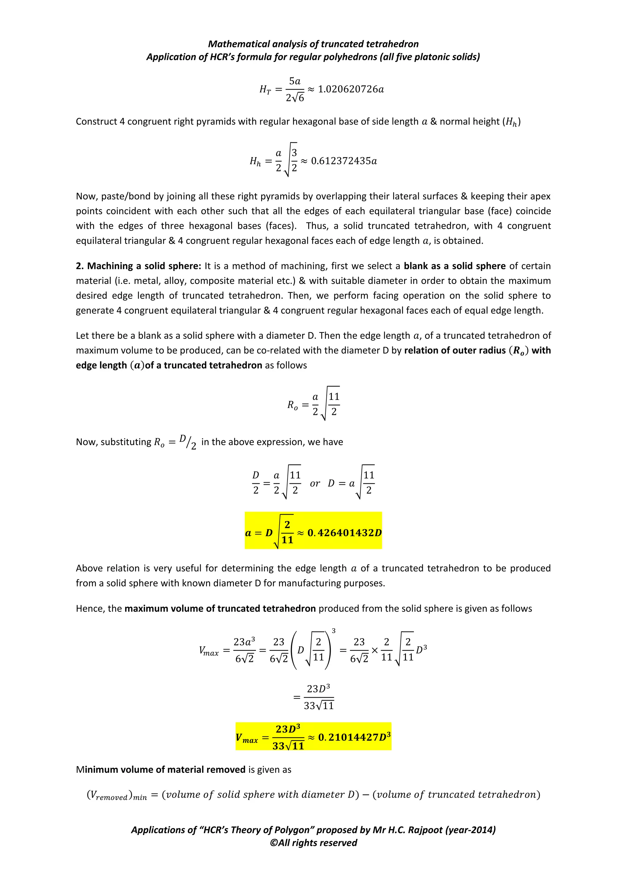 Mathematical analysis of truncated tetrahedron (Application of HCR's ...