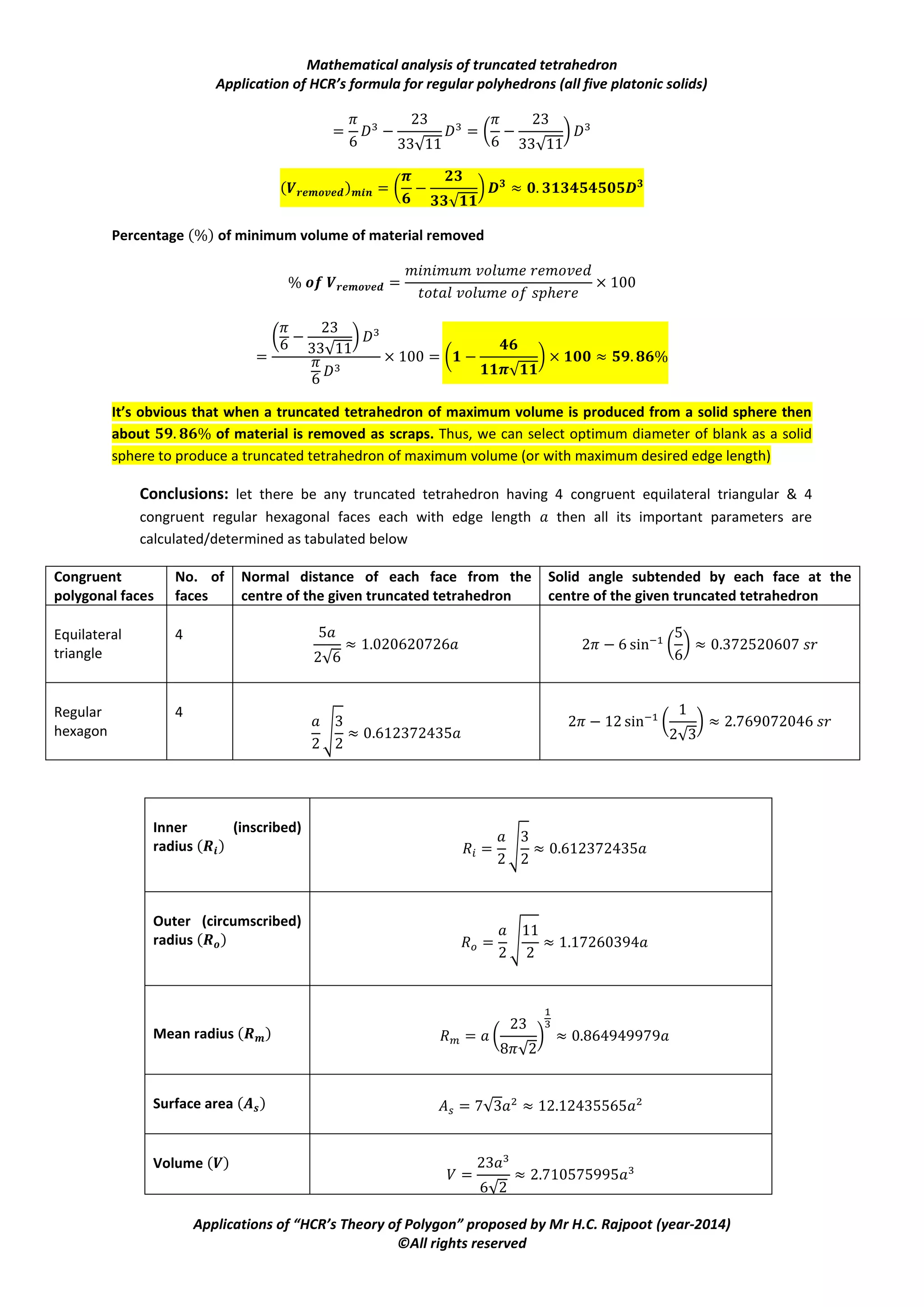 Mathematical analysis of truncated tetrahedron (Application of HCR's ...