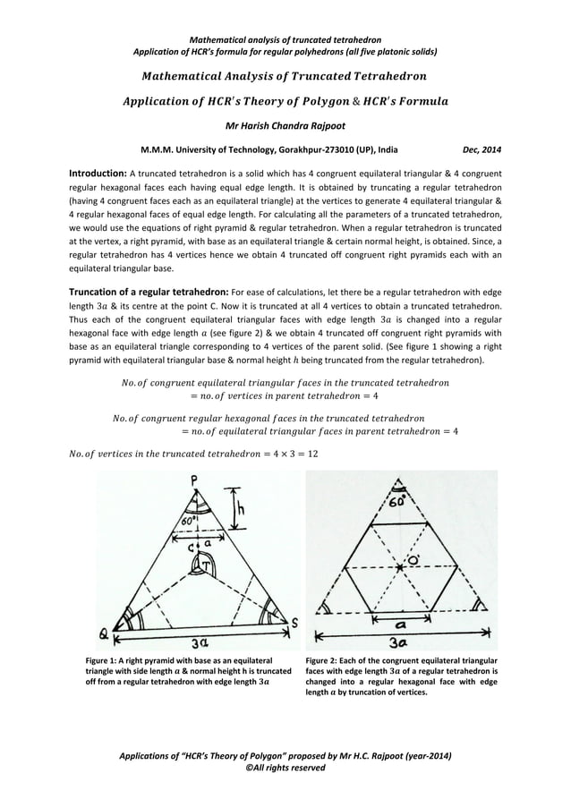 Mathematical analysis of truncated tetrahedron (Application of HCR's ...