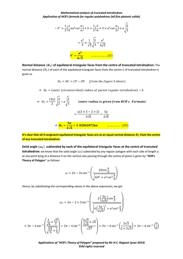 Mathematical analysis of truncated tetrahedron (Application of HCR's ...
