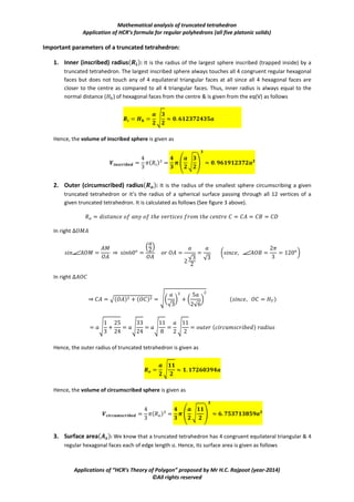 Mathematical analysis of truncated tetrahedron (Application of HCR's ...