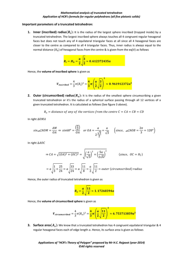 Mathematical analysis of truncated tetrahedron (Application of HCR's ...