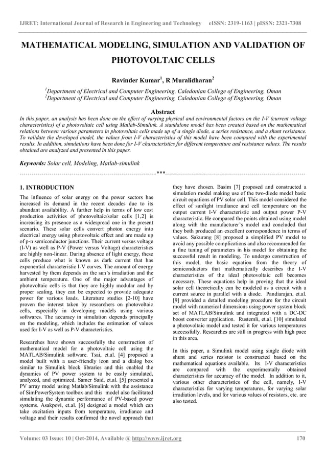 Mathematical modeling, simulation and validation of photovoltaic cells | PDF