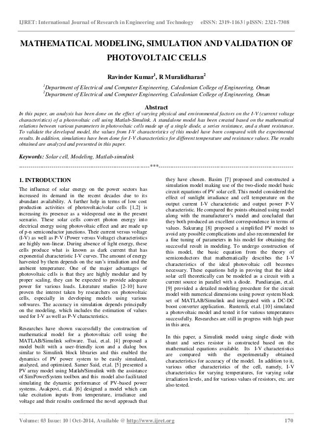 Mathematical Modeling Simulation And Validation Of Photovoltaic Cells