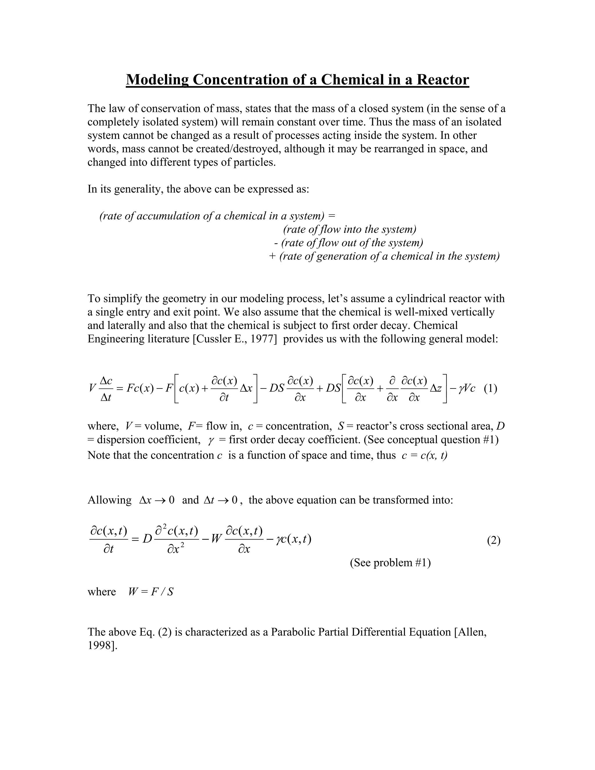 Mathematical models for a chemical reactor | PDF