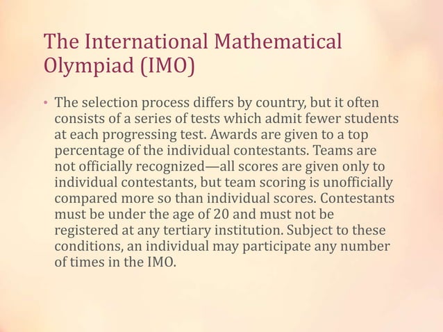 Mathematical olympiads throughout the world | PPTX | Secondary ...