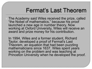 Mathematician Recognized for Proof of Fermat’s Last Theorem | PPTX ...