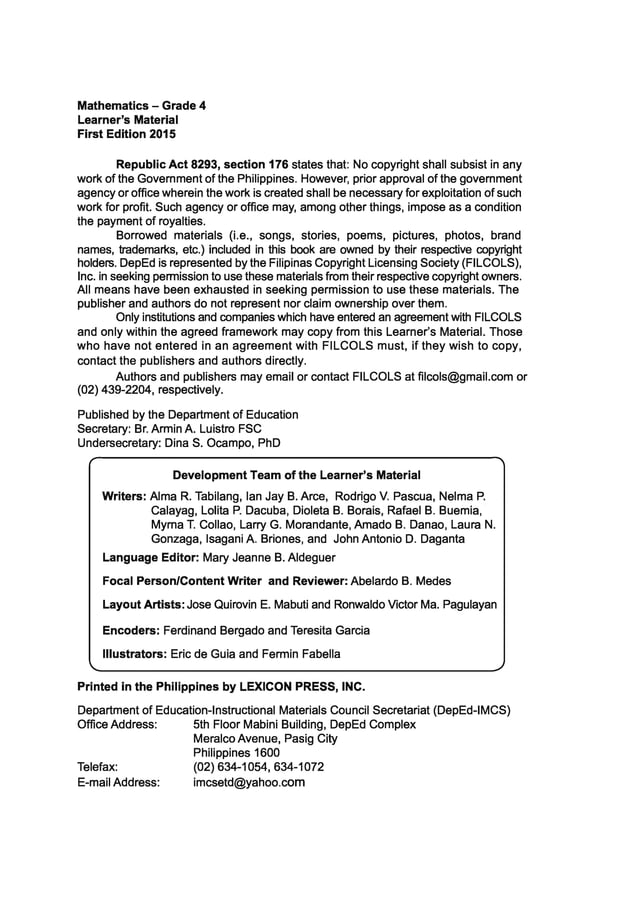 K TO 12 GRADE 4 LEARNER’S MATERIAL IN MATHEMATICS (Q1-Q4) | PDF