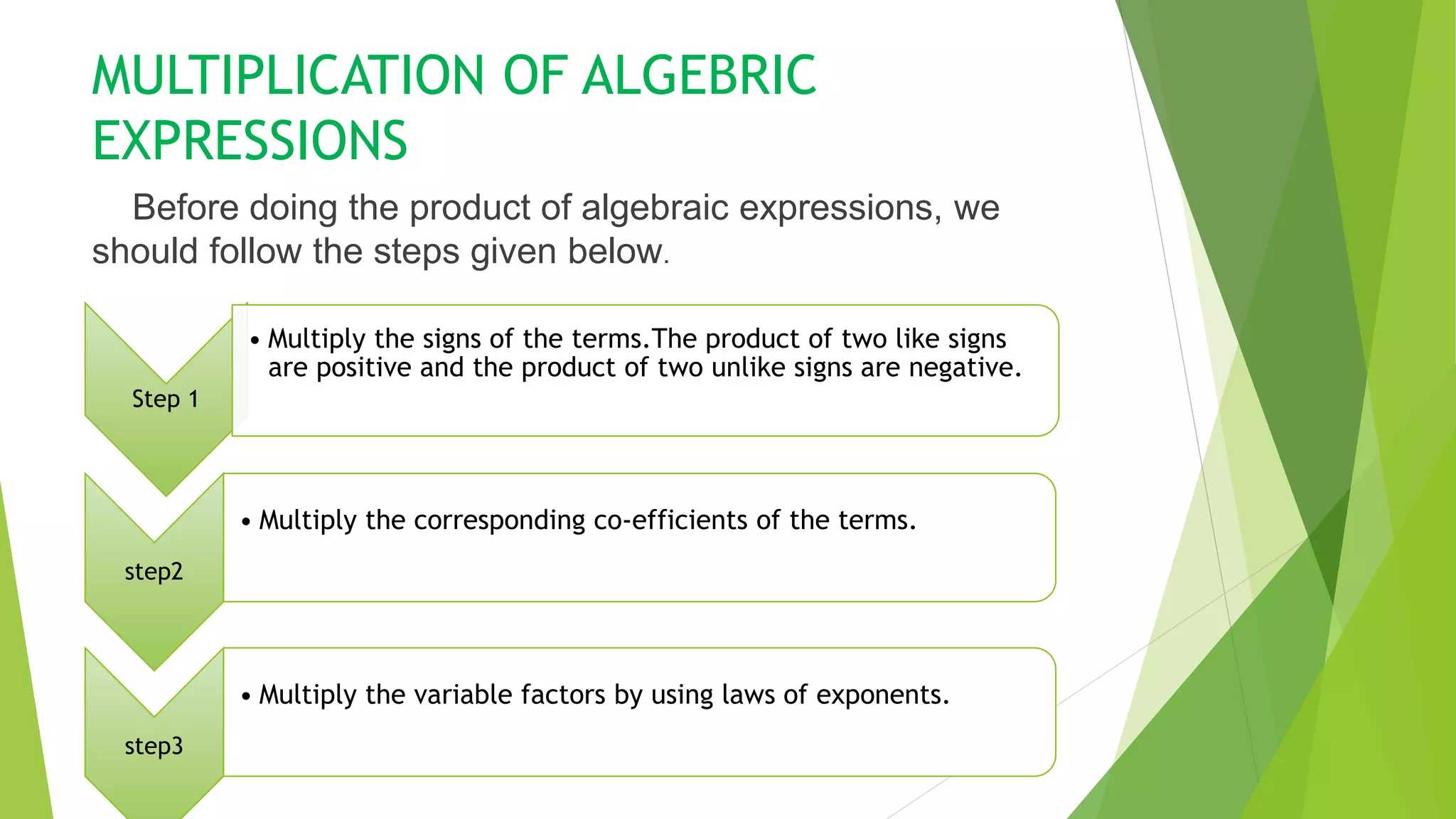 Multiplication of algebraic expressions | PPSX