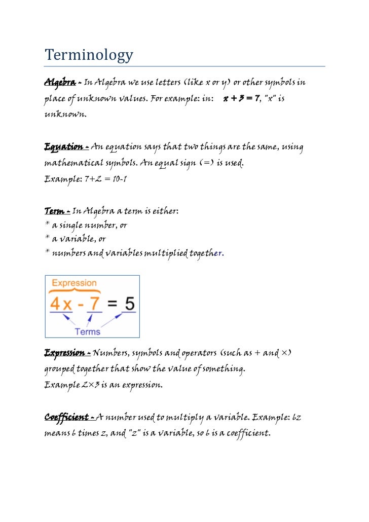 Mathematics - Algebra - Info sheet - Terminology (jw)