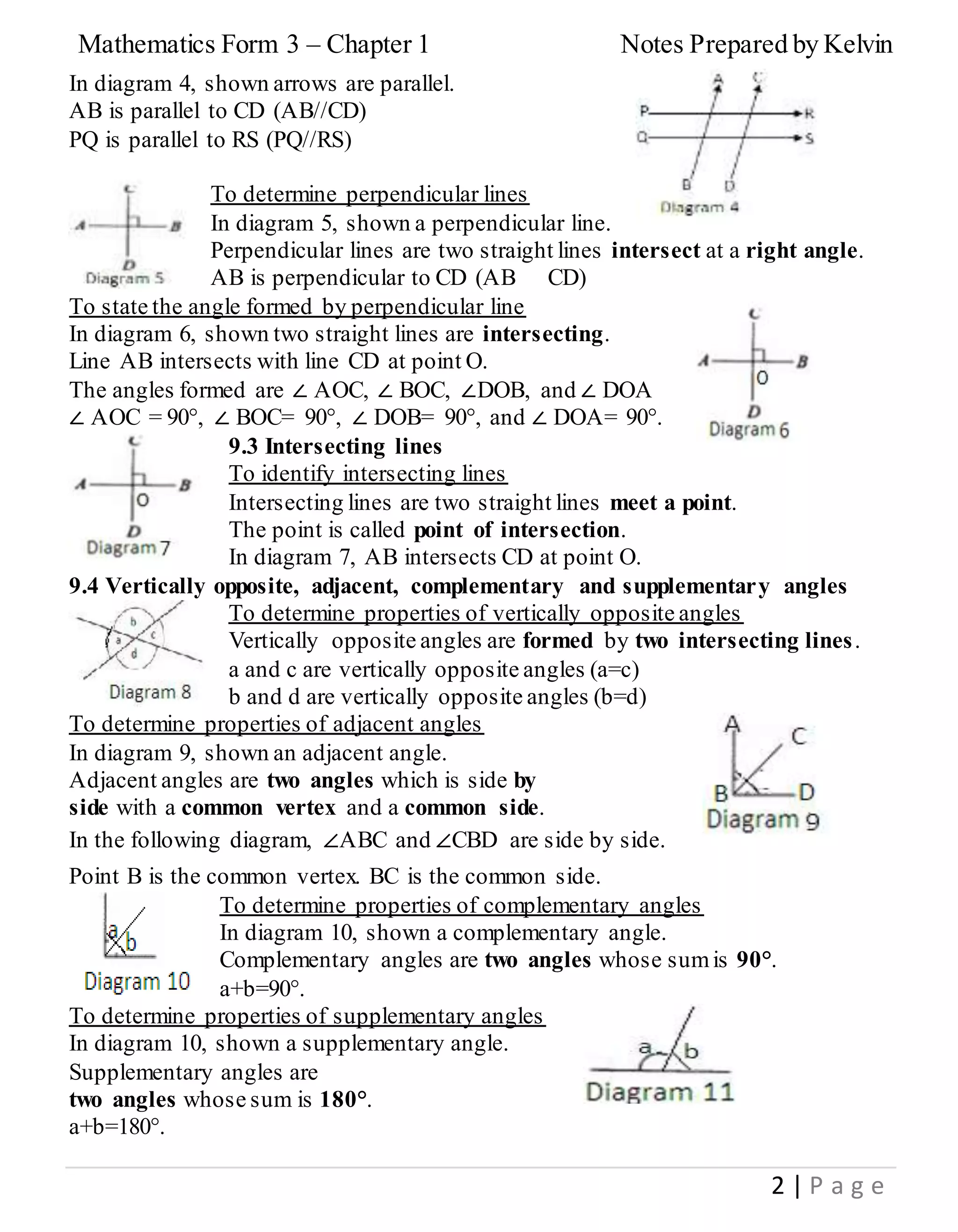 Mathematics Form 1-Chapter 8 lines and angles KBSM of form 3 chp 1 | DOCX