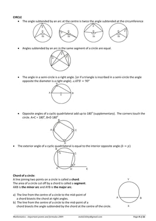 Mathematics important points and formulas 2009 | PDF