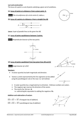 Mathematics important points and formulas 2009 | PDF