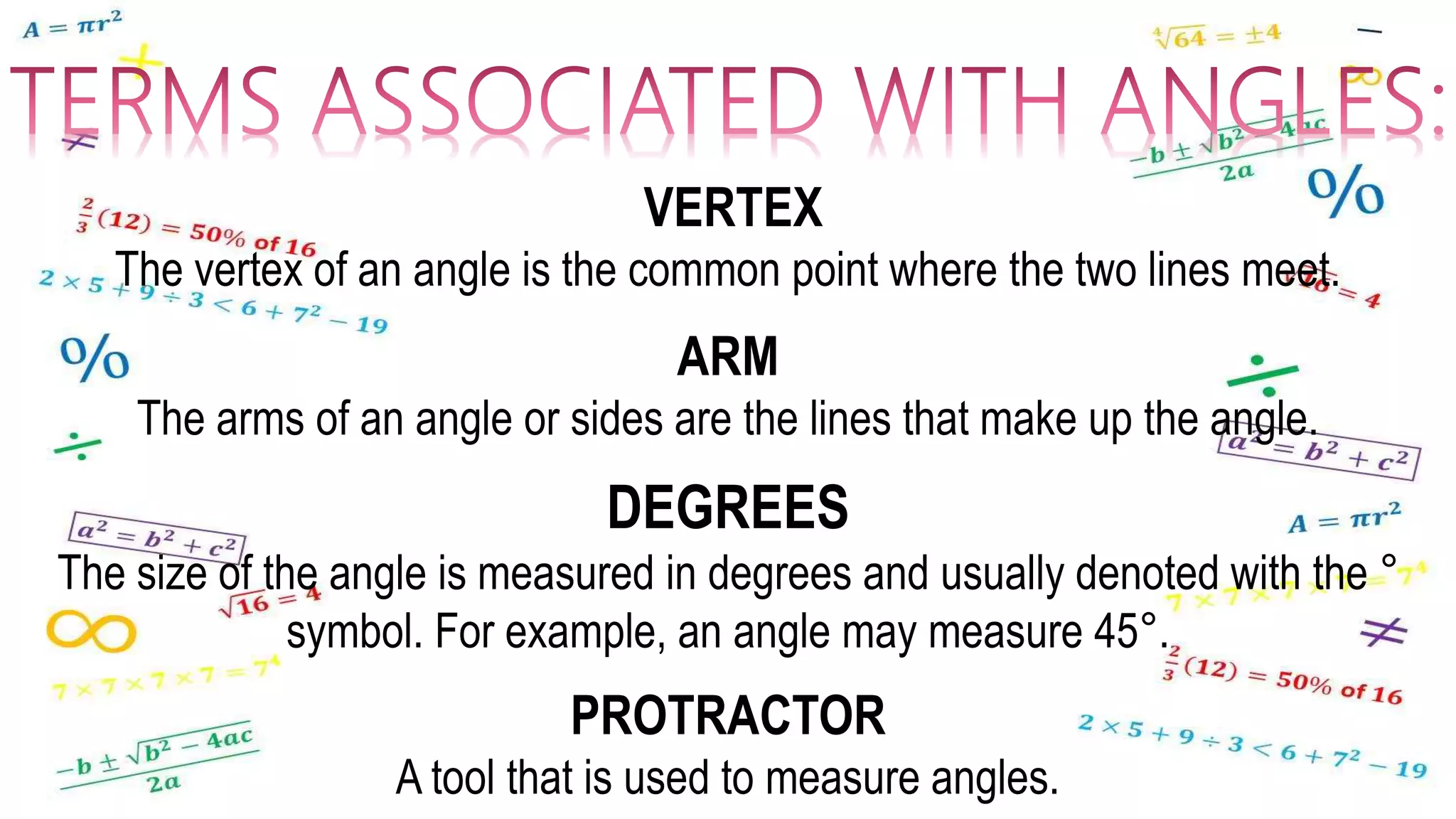 Mathematics 7: Angles (naming, types and how to measure them) | PPTX