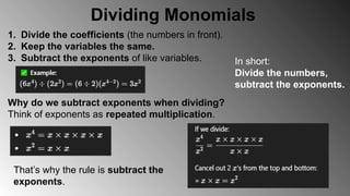 MATHEMATICS8 Q1 5. multiply and divide simple monomials, leading to the ...