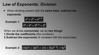 MATHEMATICS8 Q1 5. multiply and divide simple monomials, leading to the ...