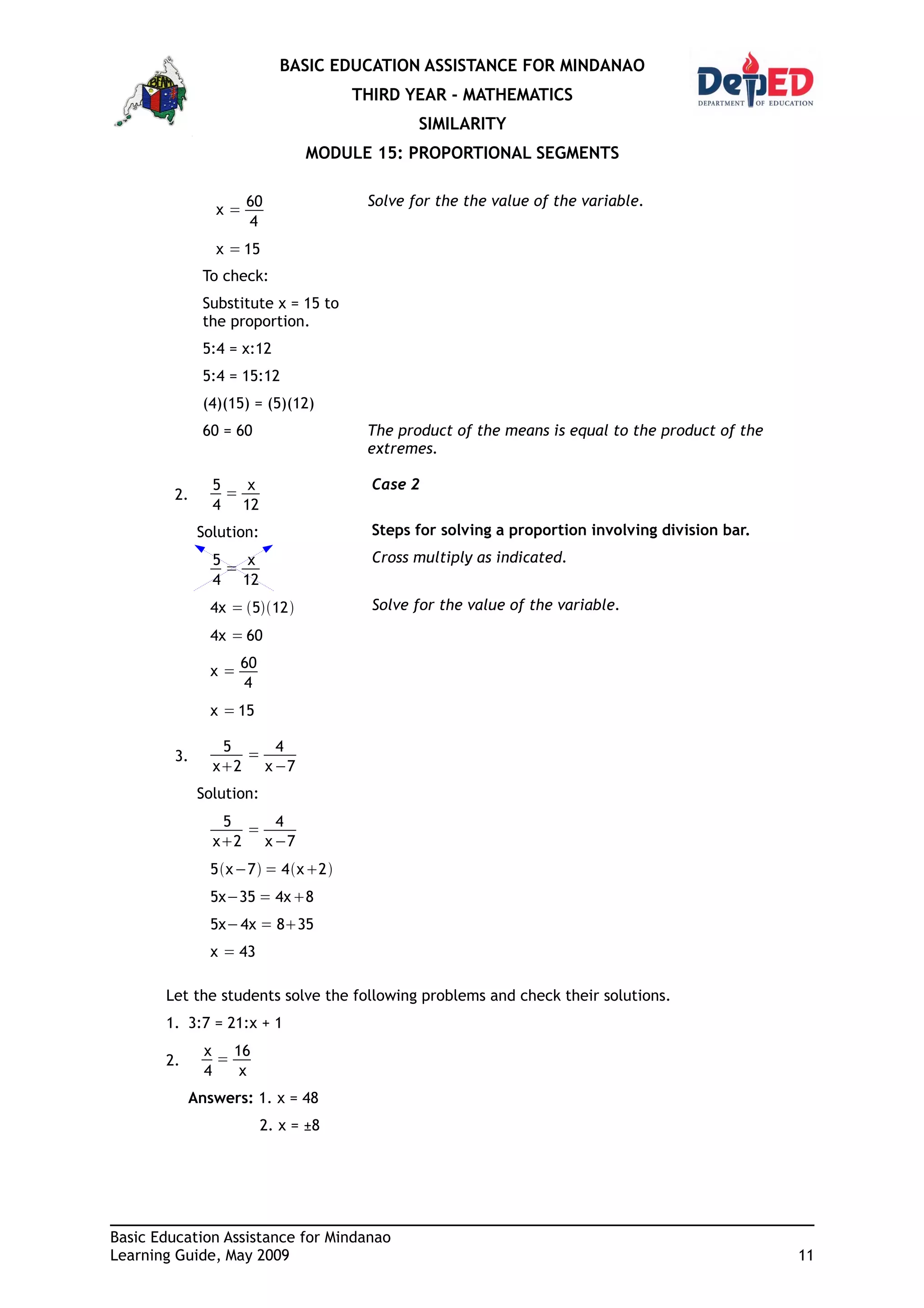 Mathematics 9 Proportional Segments | PDF