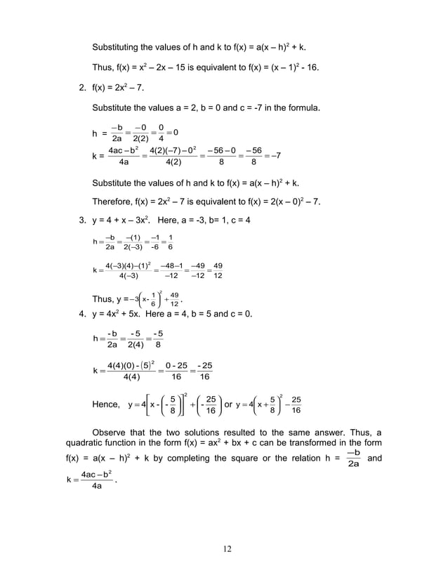 Mathematics 9 Quadratic Functions Module 1 Doc