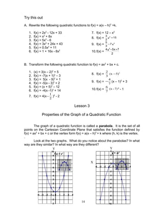Mathematics 9 Quadratic Functions (Module 1) | DOC