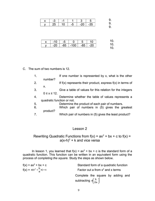 Mathematics 9 Quadratic Functions Module 1 Doc