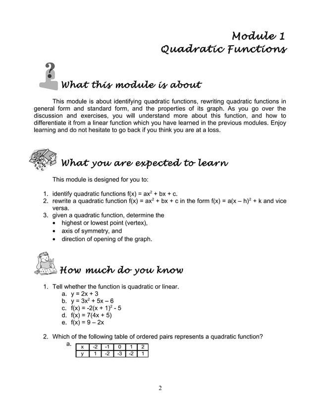 Mathematics 9 Quadratic Functions (Module 1)