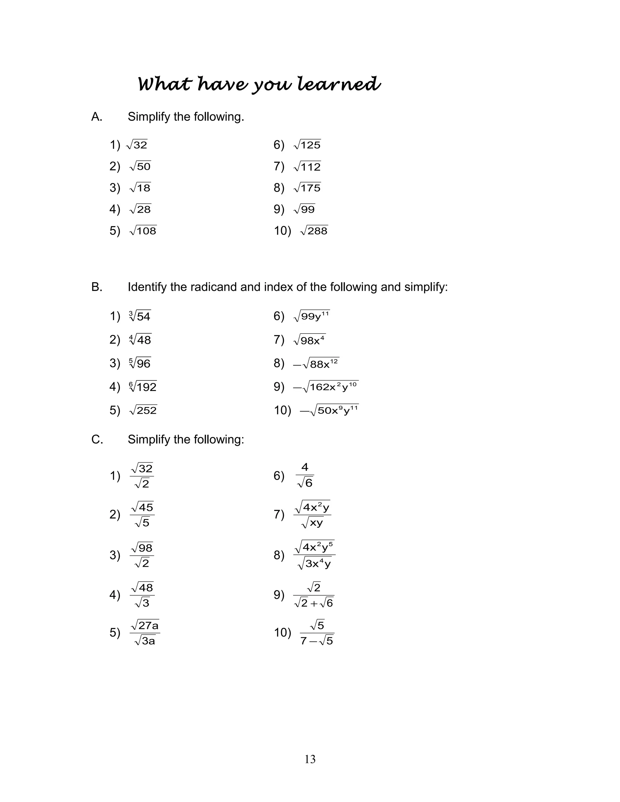 Mathematics 9 Radical Expressions (2) | DOC