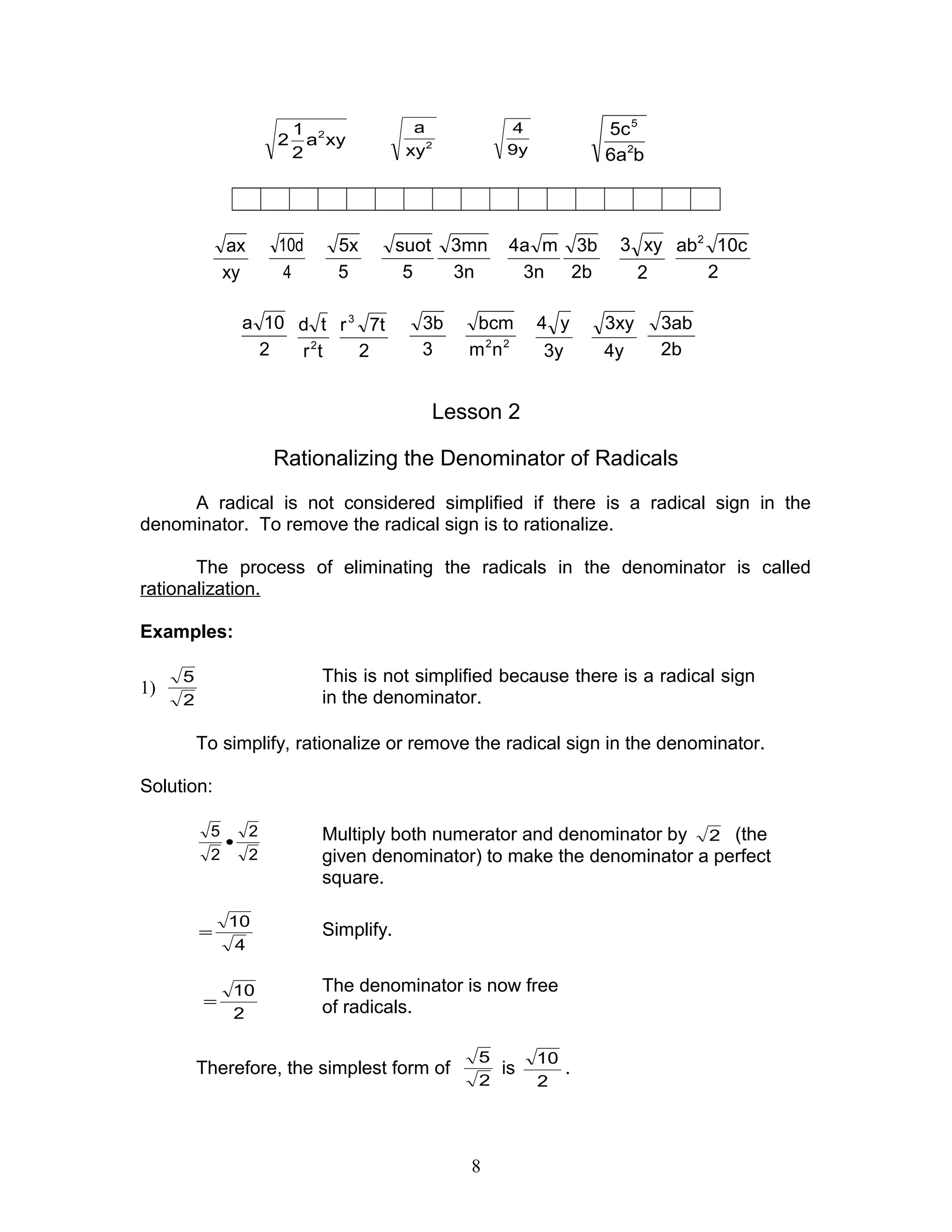 Mathematics 9 Radical Expressions (2) | DOC