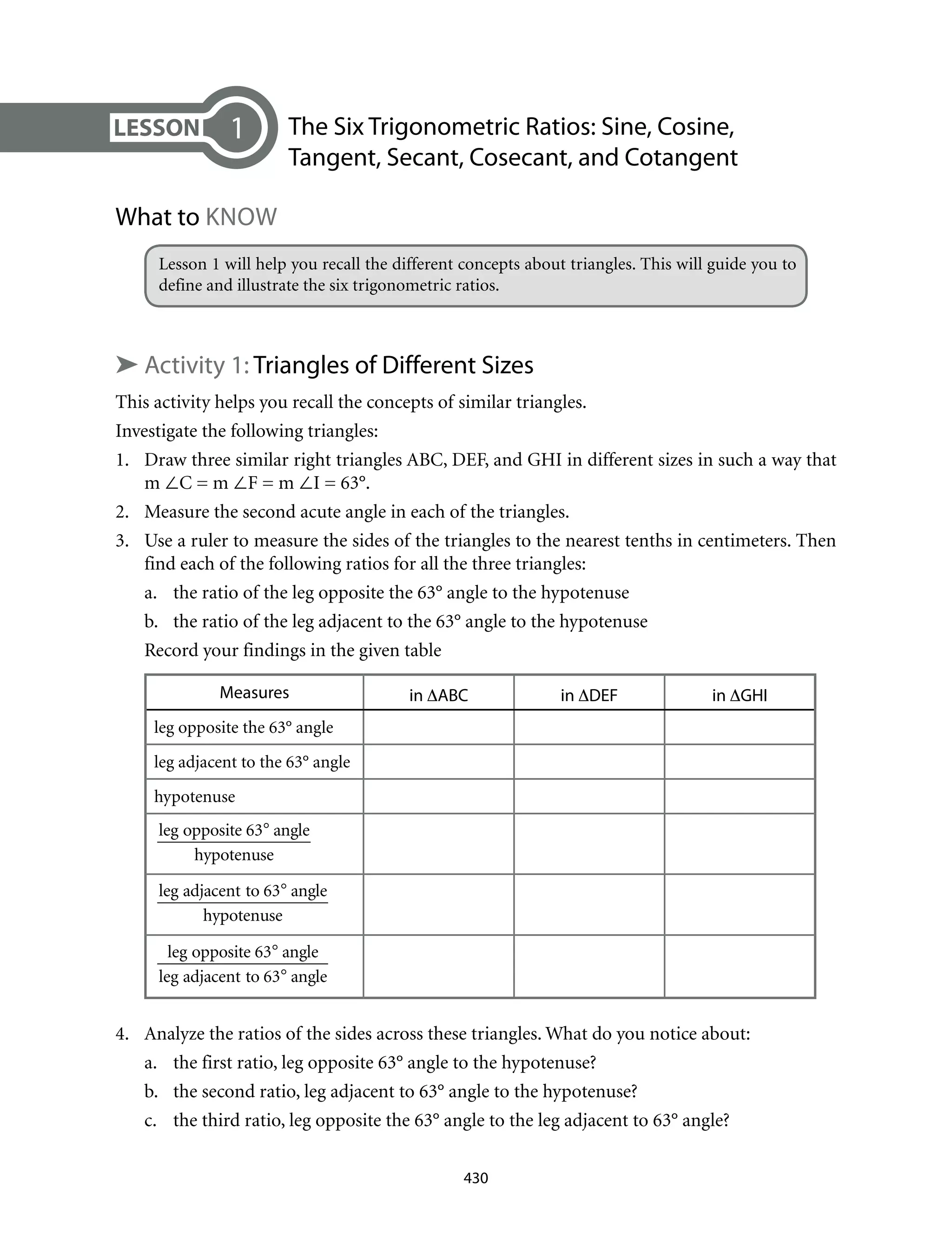 Mathematics 9 Six Trigonometric Ratios | PDF