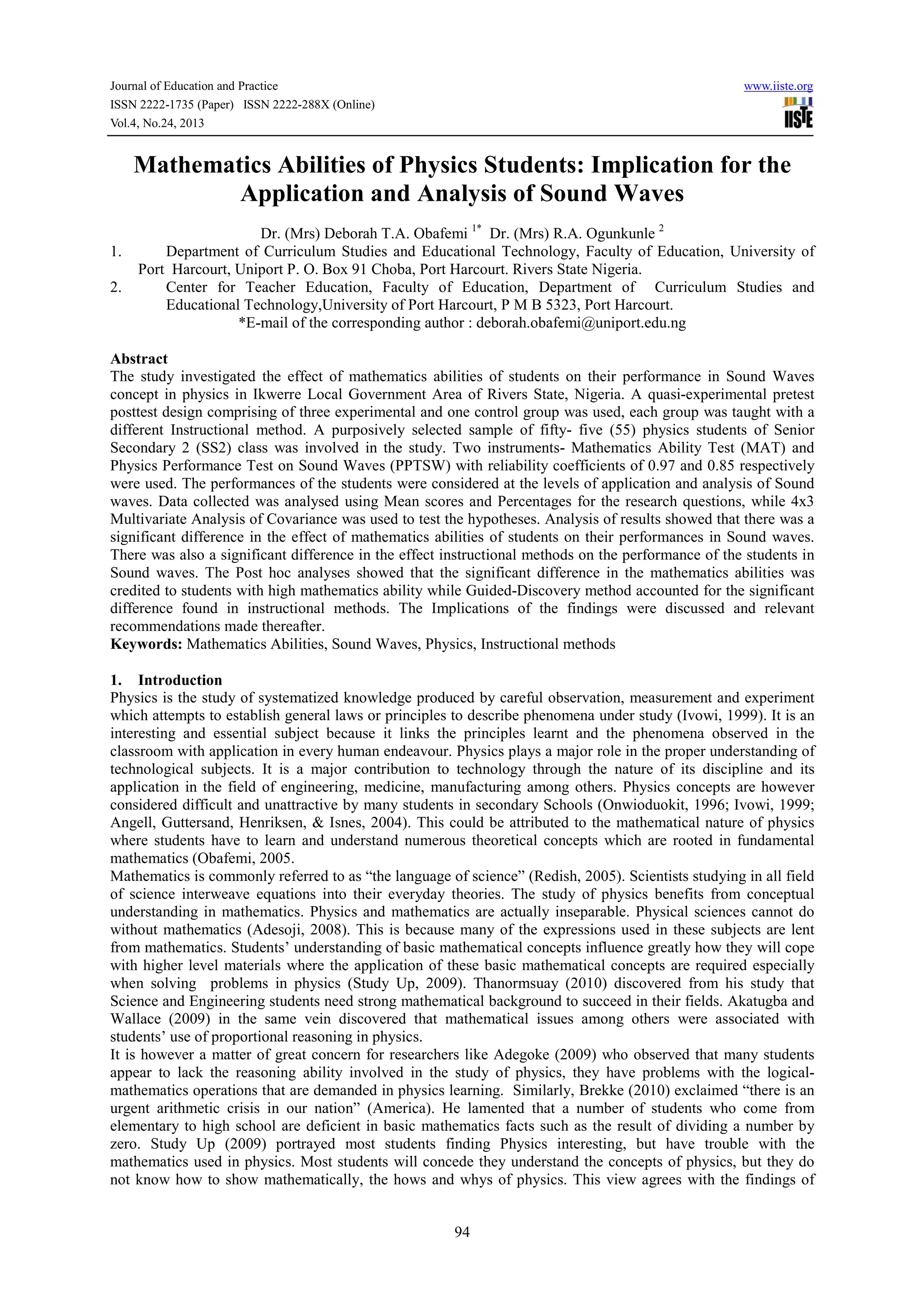 Mathematics abilities of physics students implication for the application and analysis of sound ...