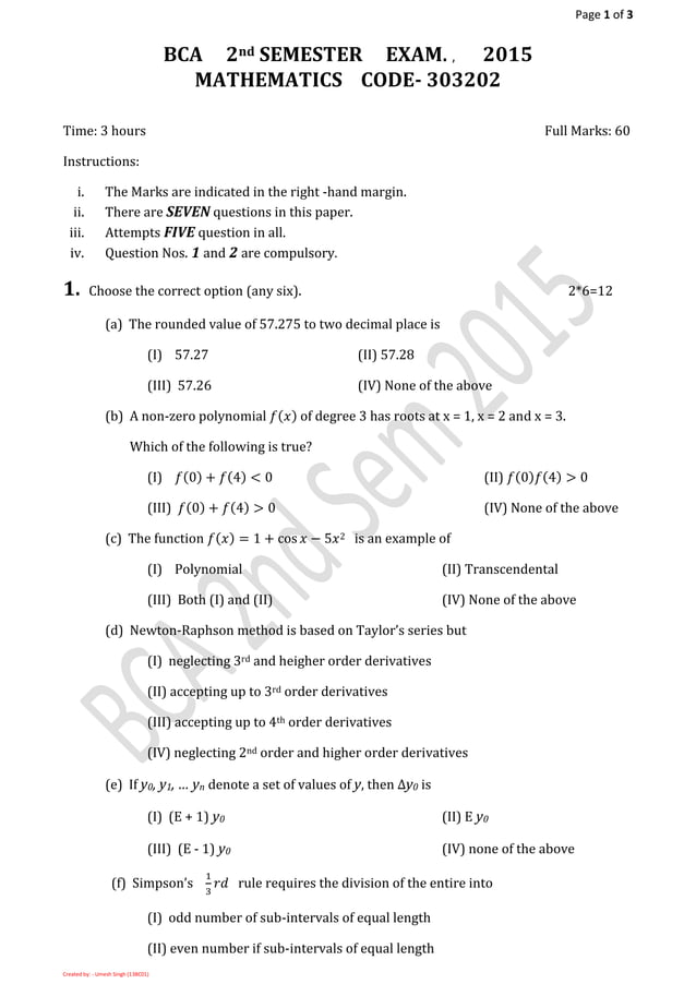 Mathematics code 303202 bca 2nd semester exam. 2015 | PDF