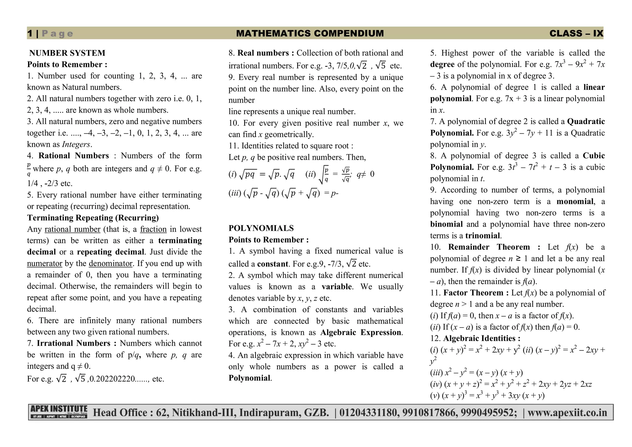 Mathematics compendium for class ix | PDF