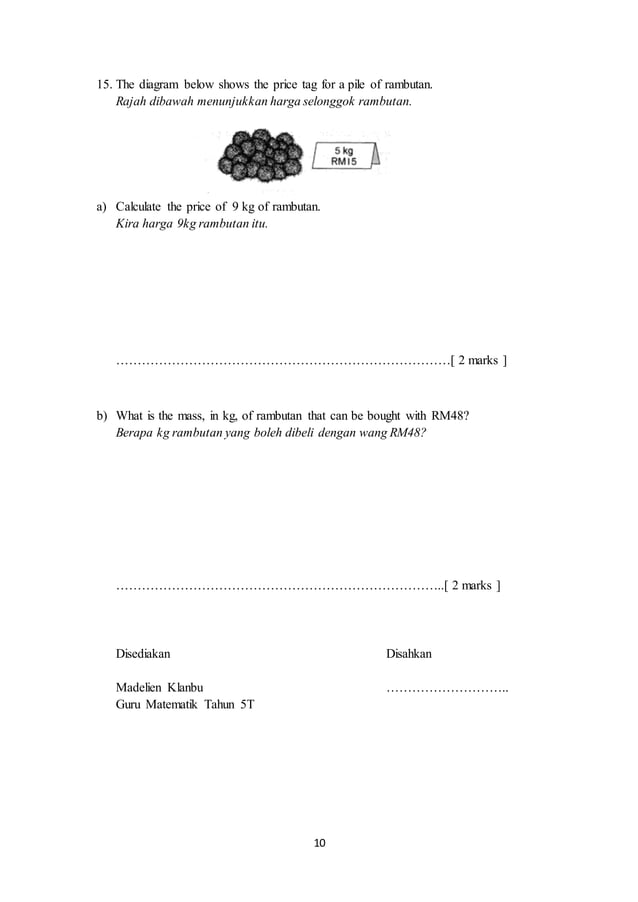 Mathematics exam paper year 5(dlp) | DOCX