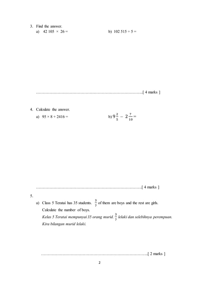 Mathematics exam paper year 5(dlp) | DOCX
