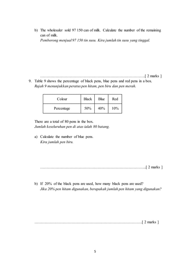 Mathematics exam paper year 5(dlp) | DOCX
