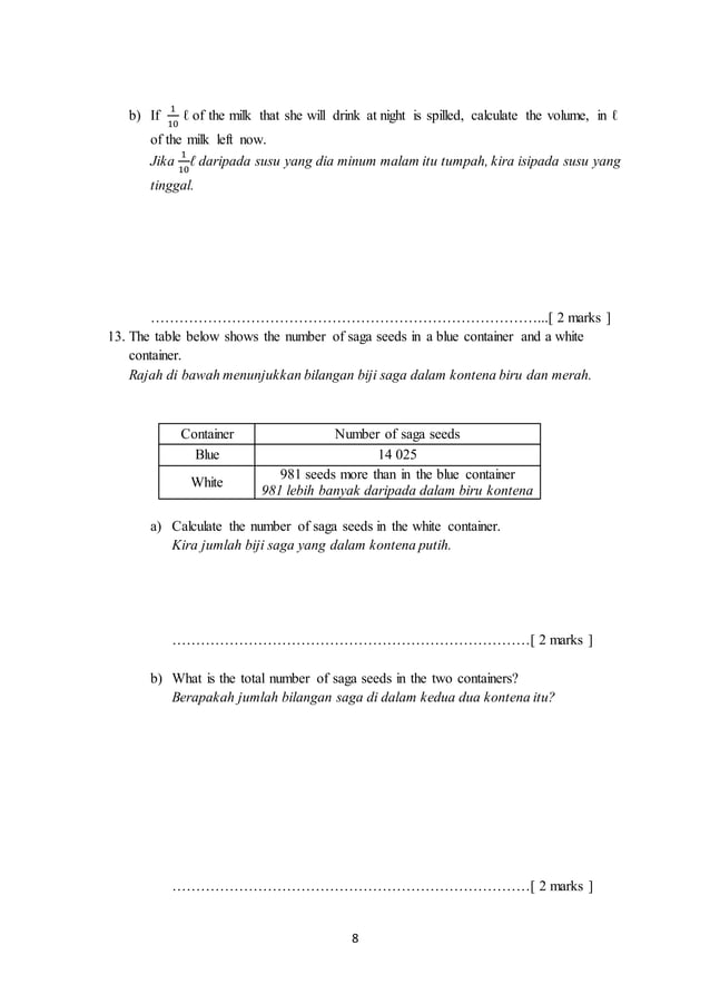 Mathematics exam paper year 5(dlp) | DOCX