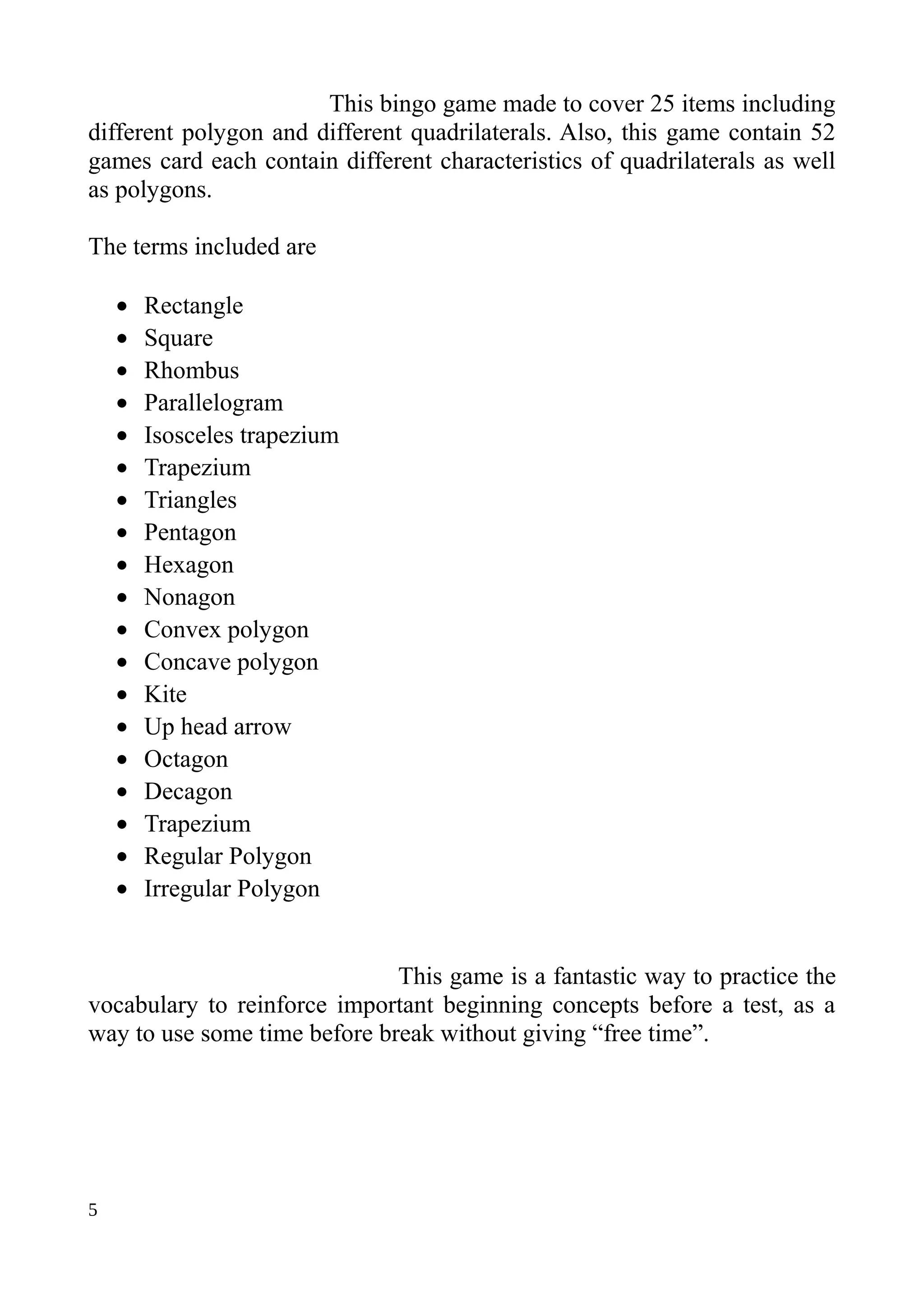 QUADRILATERAL AND POLYGON BINGO | DOC | Games and Puzzles | Hobbies ...