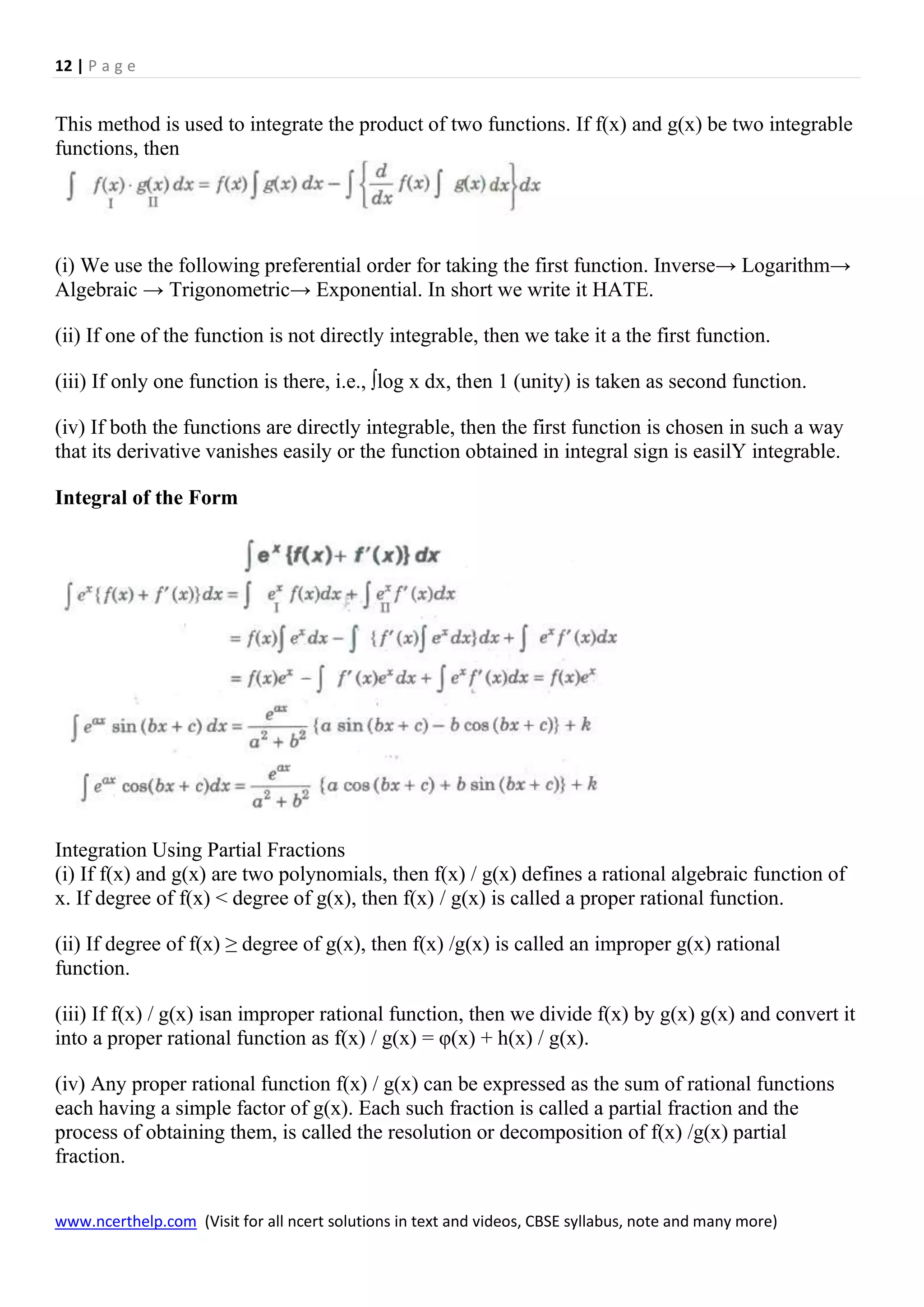 Mathematics notes and formula for class 12 chapter 7. integrals | PDF
