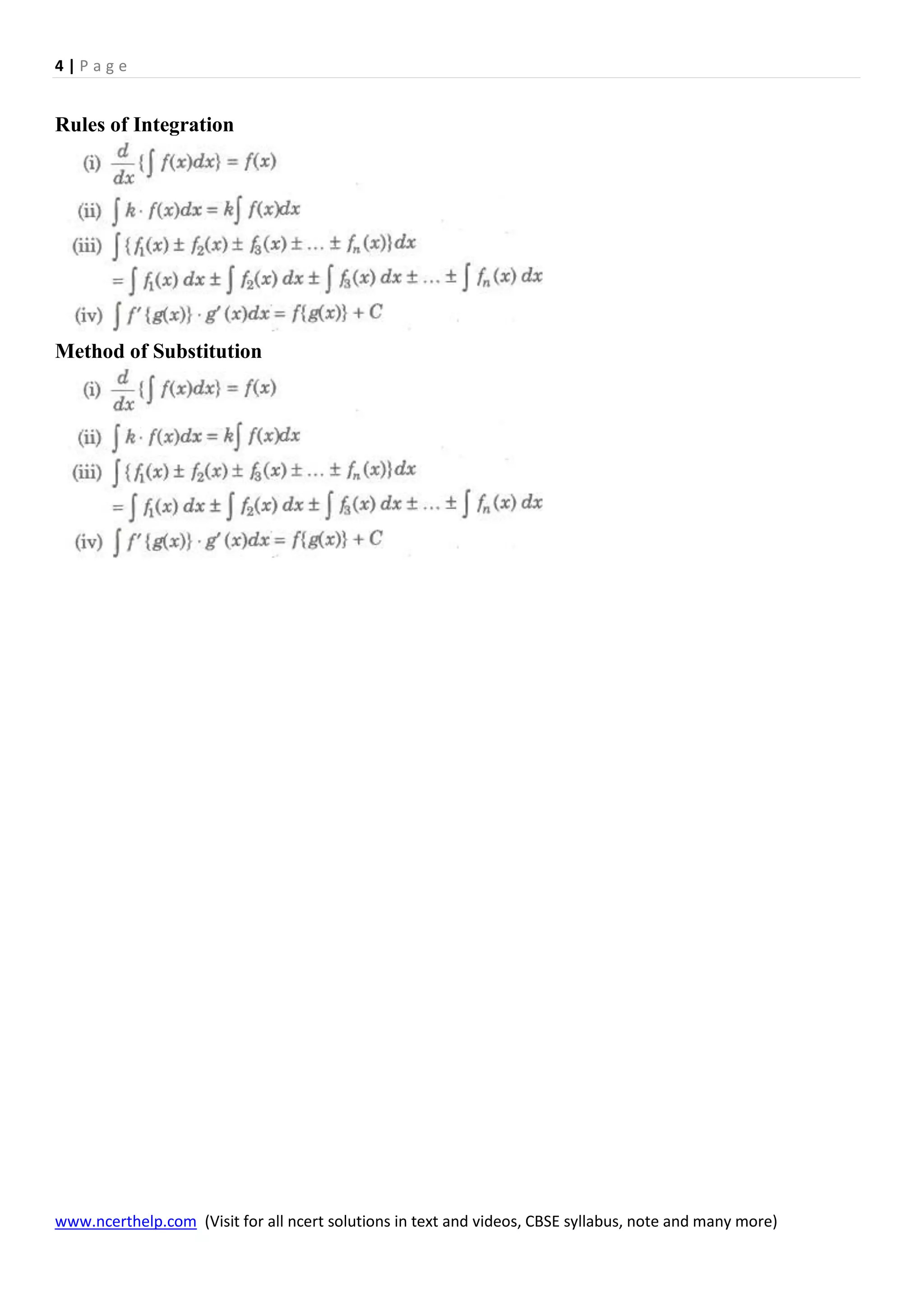 Mathematics notes and formula for class 12 chapter 7. integrals | PDF