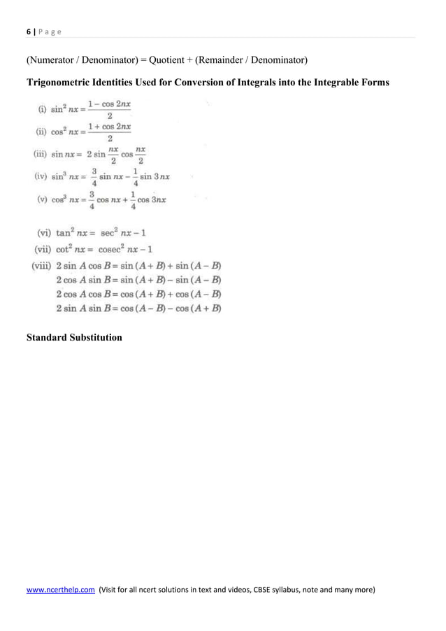 Mathematics notes and formula for class 12 chapter 7. integrals | PDF ...
