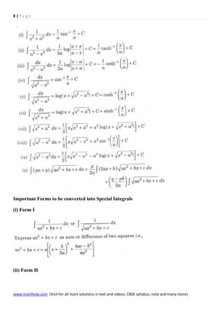 Mathematics notes and formula for class 12 chapter 7. integrals | PDF