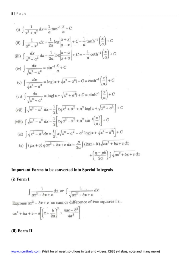 Mathematics notes and formula for class 12 chapter 7. integrals | PDF ...