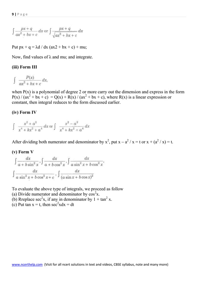 Mathematics notes and formula for class 12 chapter 7. integrals | PDF ...