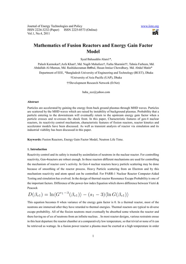 Mathematics of fusion reactors and energy gain factor model | PDF | Physics | Science