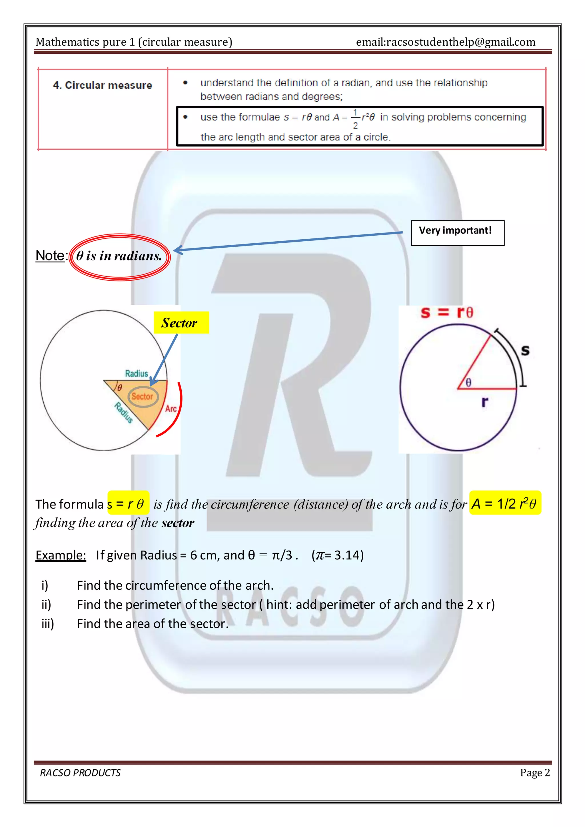 AS LEVEL CIRCULAR MEASURE GEOMETRY EXPLAINED | DOCX